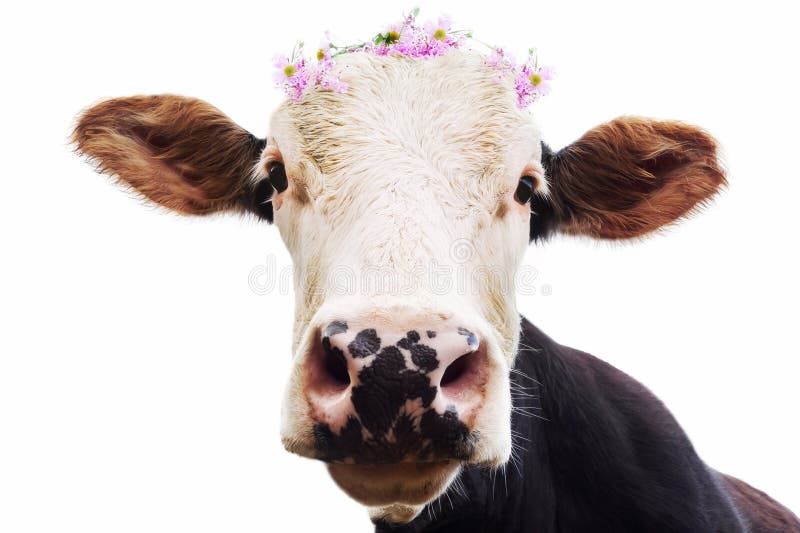 Portrait of a Cow with Flower Crown on a White Background Stock ...