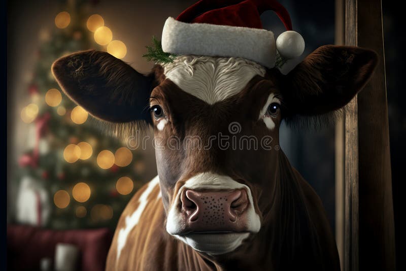 Portrait of a Cow with Santa Hat Stock Illustration - Illustration of ...