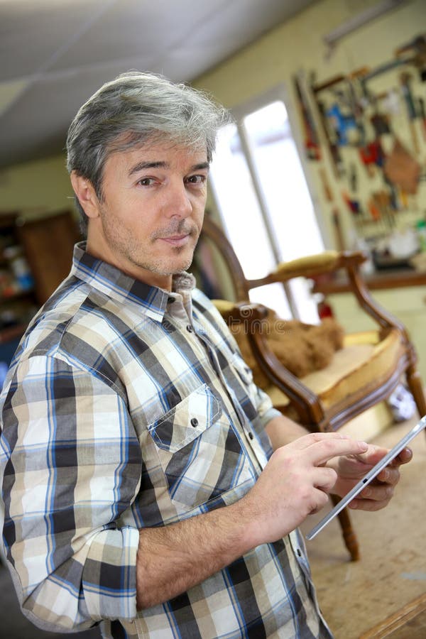 Portrait of Craftsman at Workshop with Tablet Stock Image - Image of ...