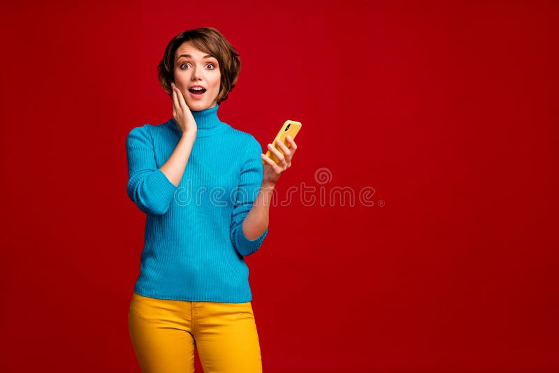 Portrait Of Crazy Astonished Girl Use Smartphone Read Incredible Social