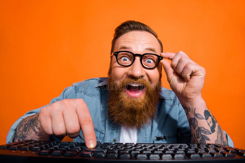 Portrait of Crazy Geek Developer Using Computer Coding Searching Web ...