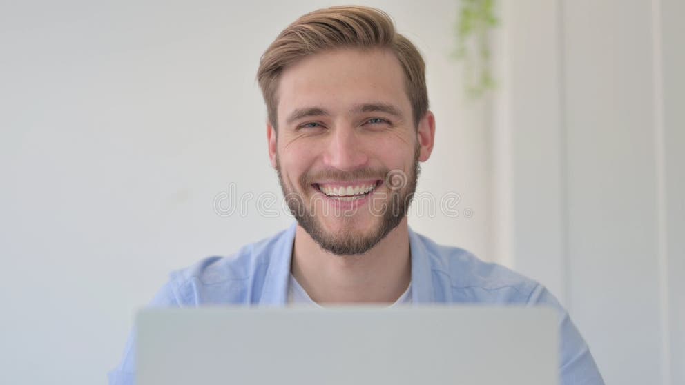 Portrait of Man with Laptop Smiling at Camera Stock Image - Image of ...