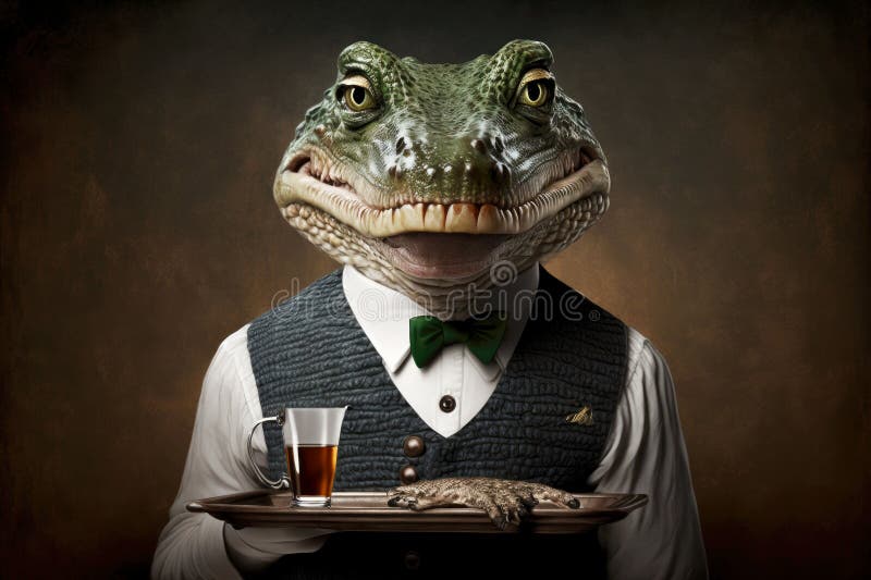 Portrait of Crocodile As a Waiter with an Empty Tray Stock Illustration ...