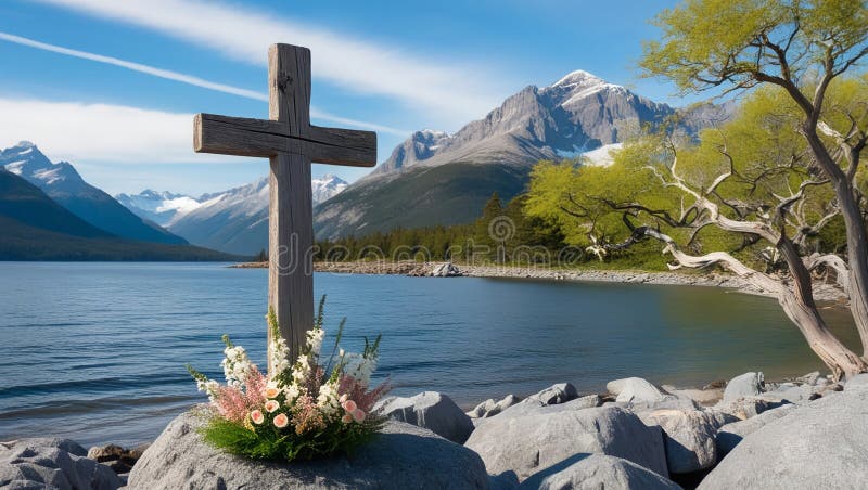 Portrait of a Cross with a Background of Sea and Mountains Stock ...