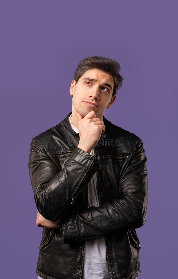 Portrait of Curious Analyzing Man in Violet Studio. Mindful Guy Finding ...