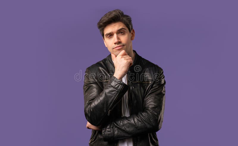Portrait of Curious Analyzing Man in Violet Studio. Mindful Guy Finding ...