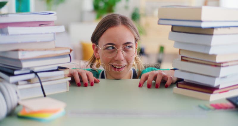 Portrait of a Curious Student with a Stack of Books To Read Stock ...
