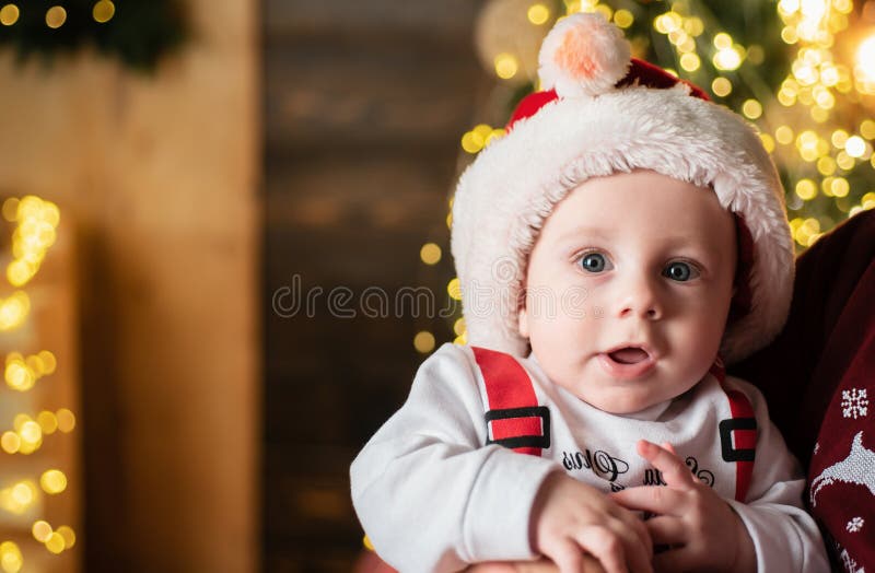 Portrait of a Cute Baby in Christmas Hat. Stock Photo - Image of ...