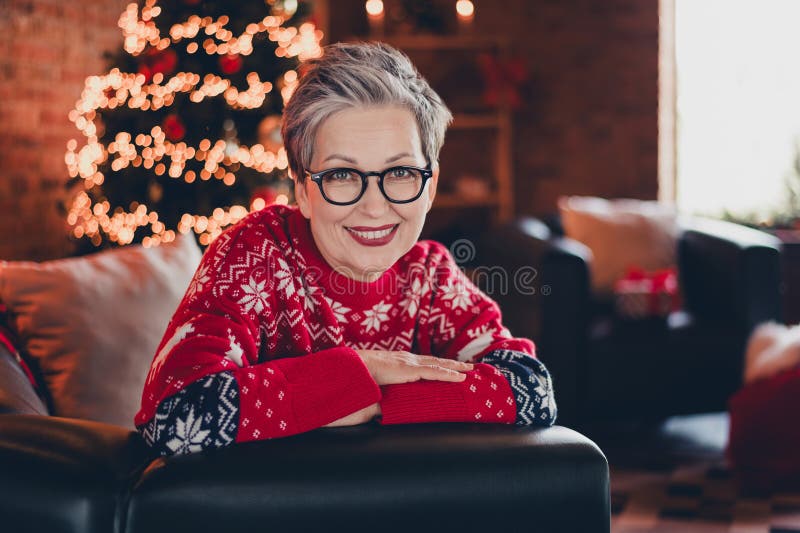 Portrait Of Cute Beautiful Retired Woman White Hair Grandmother In Red Sweater Folded Hands And 2942