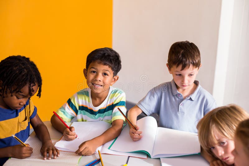Portrait of Cute Boy with Classmates Stock Photo - Image of classmates ...