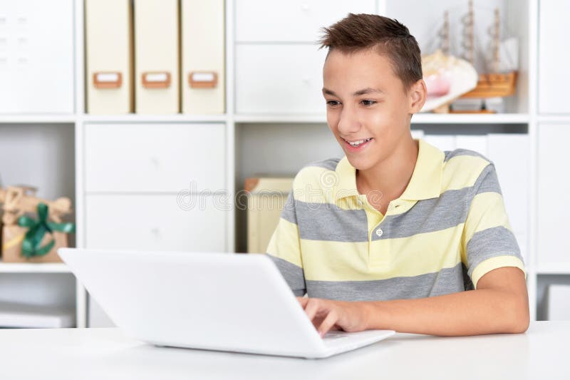 Portrait of Cute Boy Using Laptop in Room Stock Photo - Image of ...