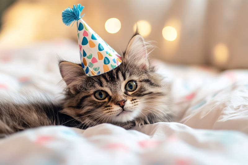 Portrait of Cute Cat in Birthday Cap Stock Illustration - Illustration ...