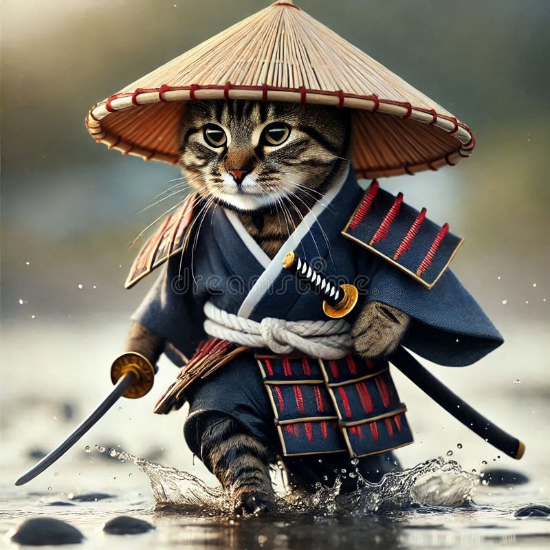 Portrait of a Cute Cat Wearing a Samurai Uniform Stock Illustration ...