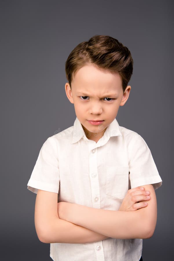 Portrait of Cute Child Grimacing with Crossed Hands Stock Image - Image ...