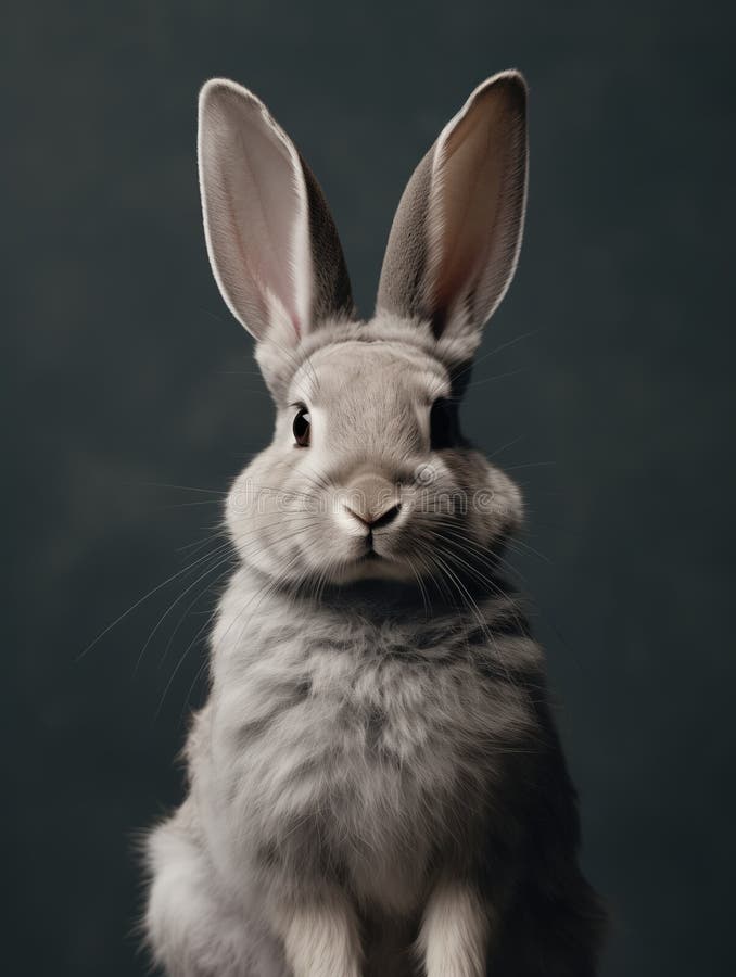 Portrait of a Cute, Fluffy Easter Grey Bunny on Dark Grey Background ...
