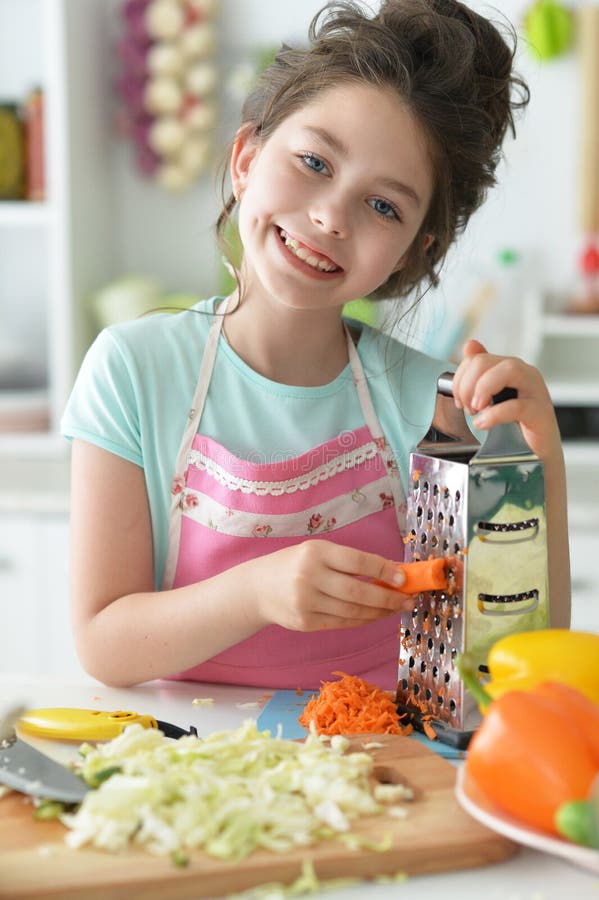 Portrait of Cute Girl Cooking on Kitchen Stock Photo - Image of leisure ...
