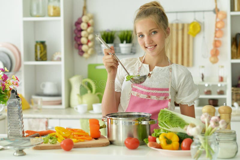 Portrait of Cute Girl Cooking on Kitchen Stock Image - Image of healthy ...