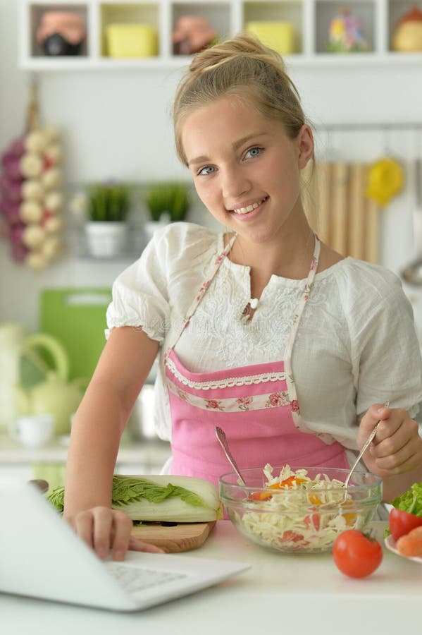 Portrait of Cute Girl Making Salad on Kitchen Stock Image - Image of ...