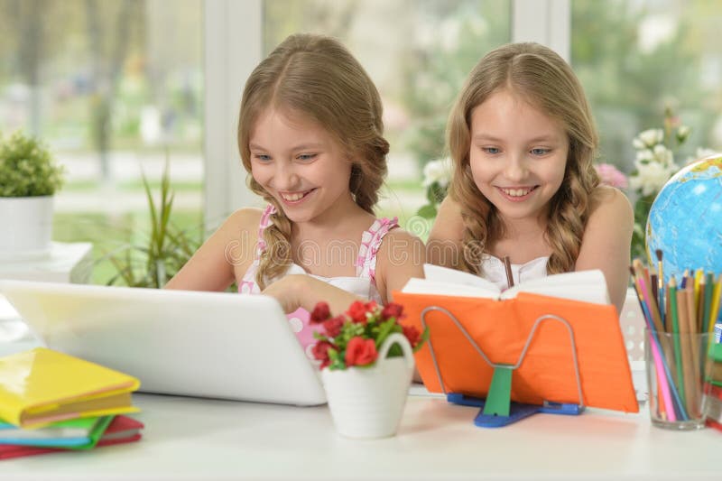 Portrait of Cute Girls on Lesson Stock Image - Image of children, kids ...