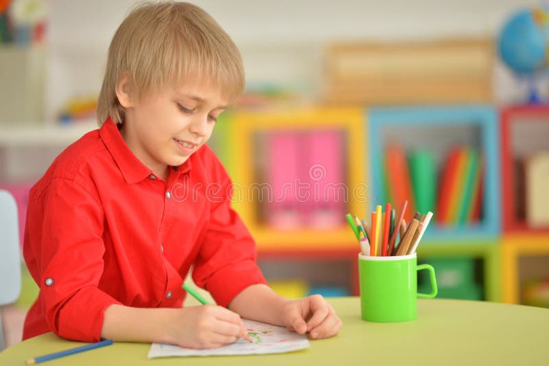 Portrait of Cute Little Boy Drawing Stock Image - Image of portrait ...