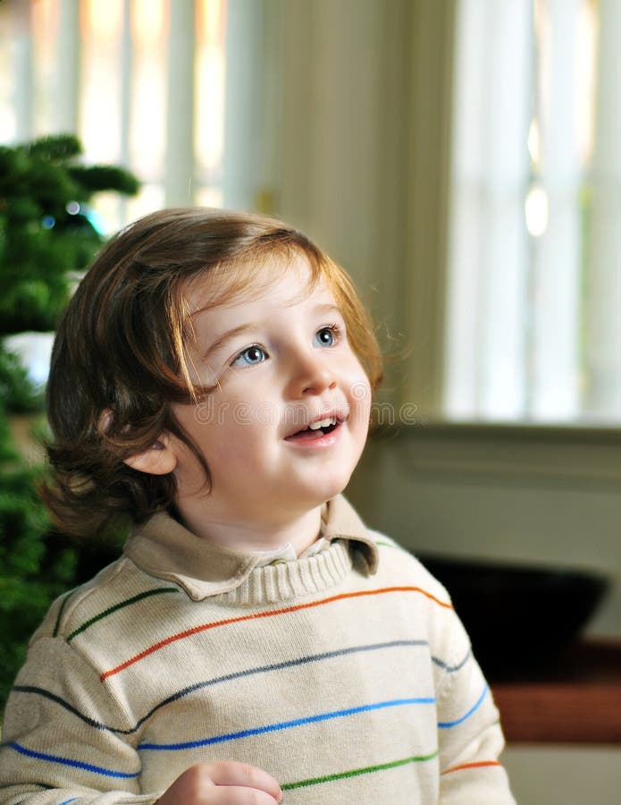 Portrait of Cute Little Boy Looking Up Stock Image - Image of head ...