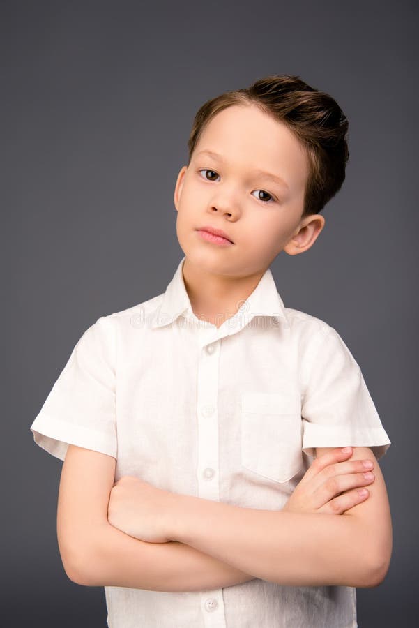 Portrait of Cute Little Boy Posing with Crossed Hands Stock Image ...