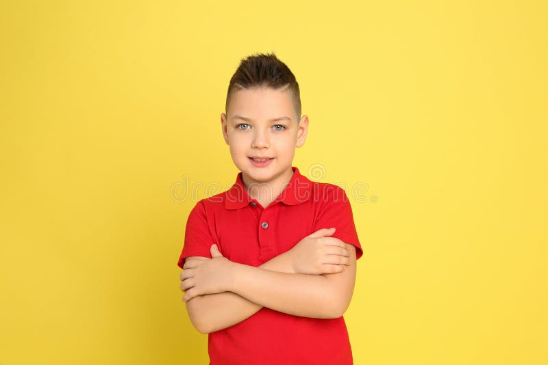 Portrait of Cute Little Boy on Yellow Background Stock Image - Image of ...