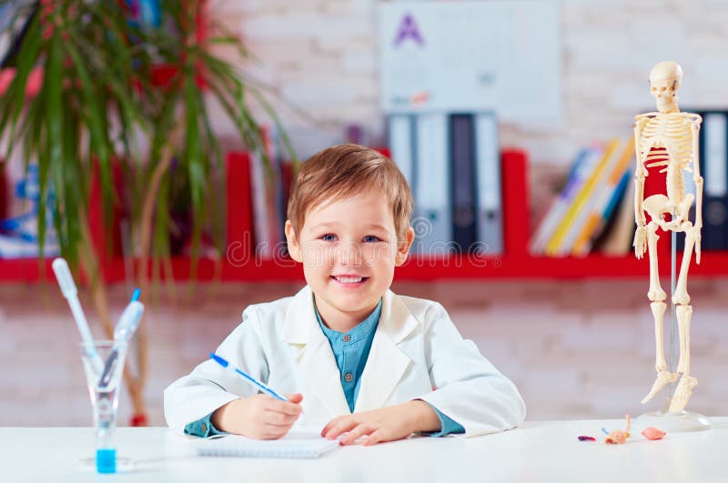 Portrait of Cute Little Doctor Writing Notes in Lab Stock Photo - Image ...