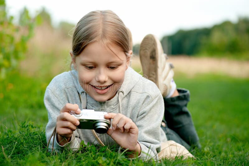 Portrait of Cute Little Girl with Digital Camera Stock Photo - Image of ...