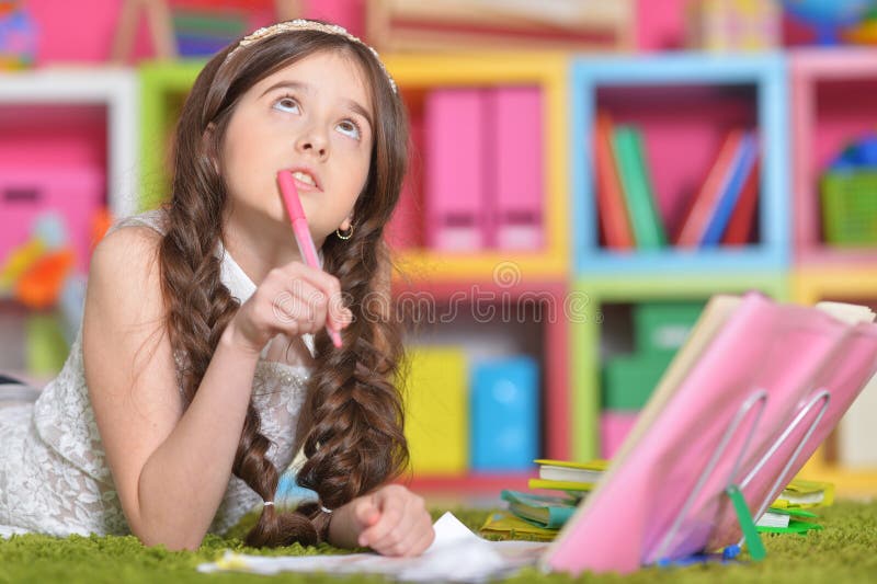 Portrait of Cute Little Girl Study at Home Stock Image - Image of ...
