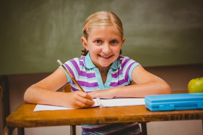 Portrait of Cute Little Girl Writing Notes Stock Photo - Image of hair ...