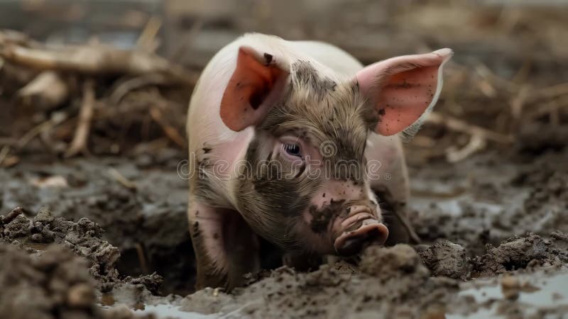 Portrait of Cute Little Piglet Covered in Mud on the Farm with Copy ...