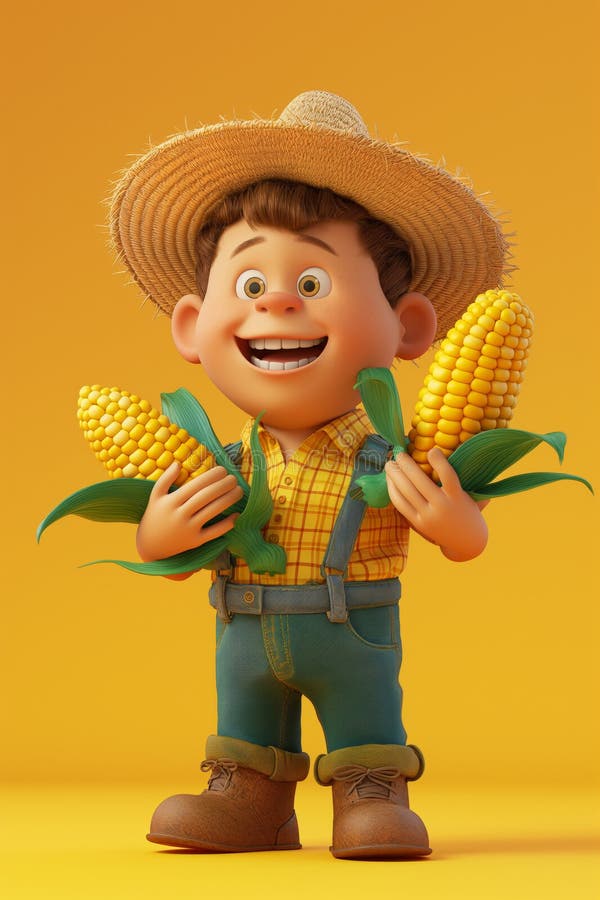 Portrait of Cute Male Corn Farmer. 3D Cartoon Animation Style Stock ...
