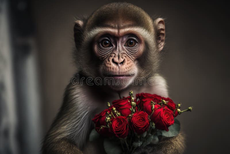 Portrait of a Cute Monkey with Red Roses, Ai Generated Stock ...