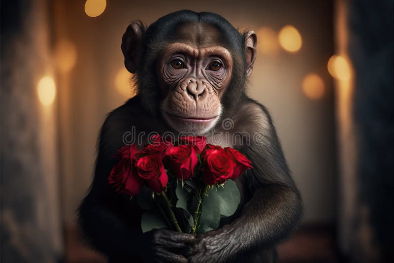 Portrait of a Cute Monkey with Red Roses, Ai Generated Stock ...