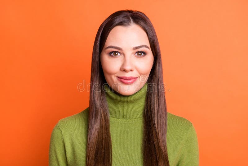 Portrait Of Cute Optimistic Brunette Hairdo Girl Wear Green Sweater