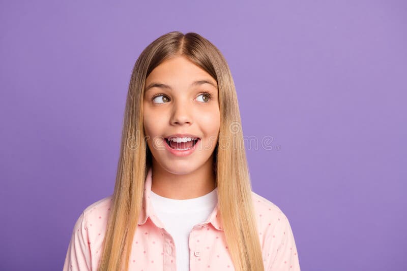 Portrait Of Cute Optimistic Long Hairdo Pretty Girl Look Empty Space