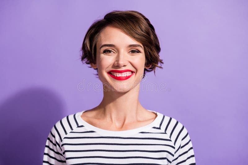 Portrait Of Cute Optimistic Short Brunette Hairdo Girl Wear Stripped