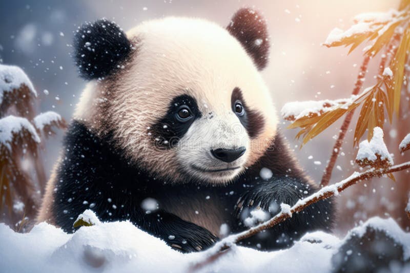 Portrait of a Cute Panda Cub in the Snow, it S Snowing. Generative AI ...