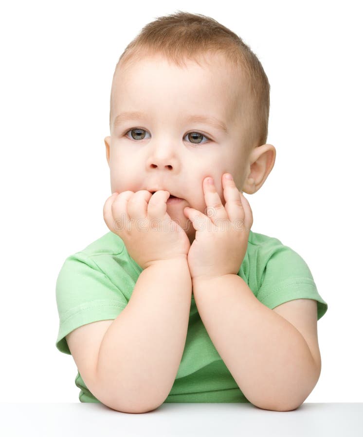 Pensive Little Boy Sitting Thinking Stock Image - Image of cute ...