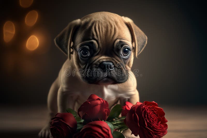 Portrait of a Cute Puppy with Red Roses, Ai Generated Stock ...