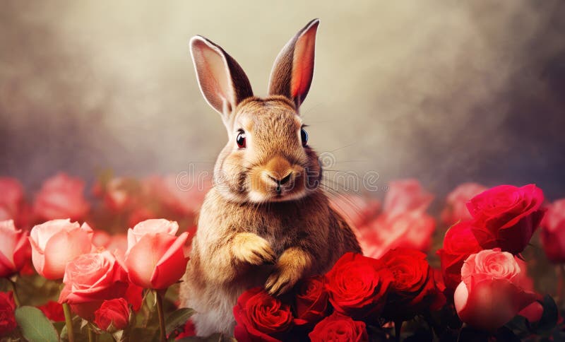 Portrait of a Cute Rabbit among Red Roses Stock Illustration ...