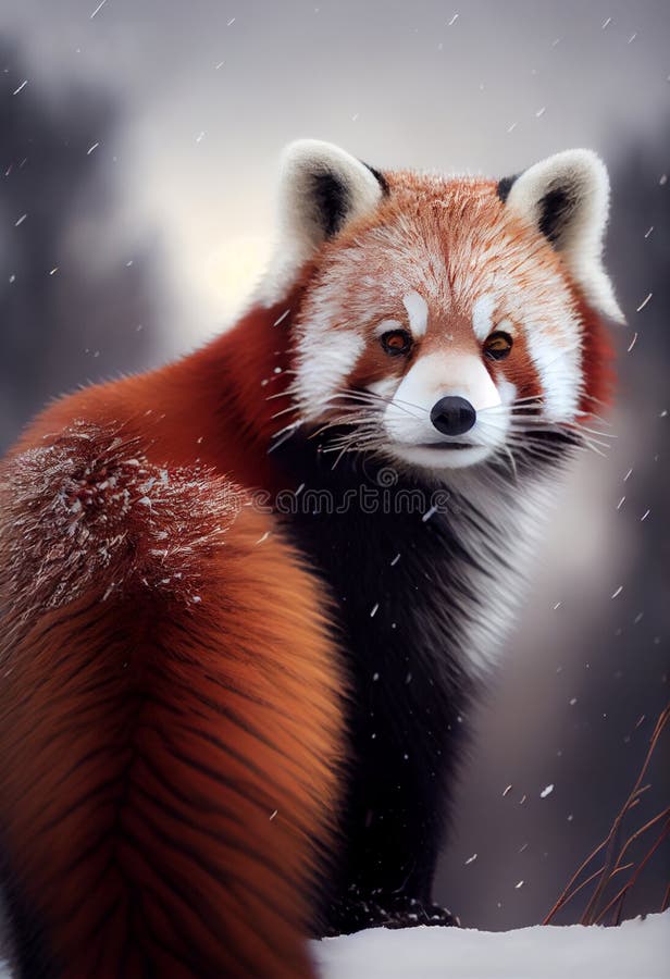 Portrait of a Cute Red Panda in the Background of a Snowy Landscape. AI ...