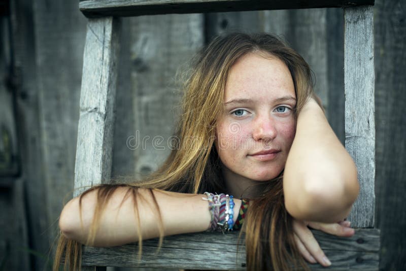 Portrait of a Cute Rural Girl Outdoors. Stock Photo - Image of happy ...