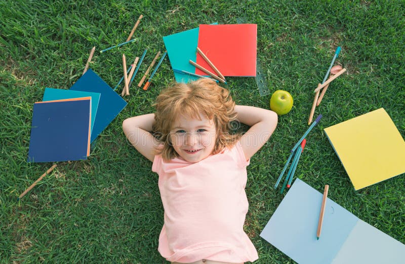 Portrait of Cute Smart Clever School Boy Nerd Doing Homework, Lie on ...