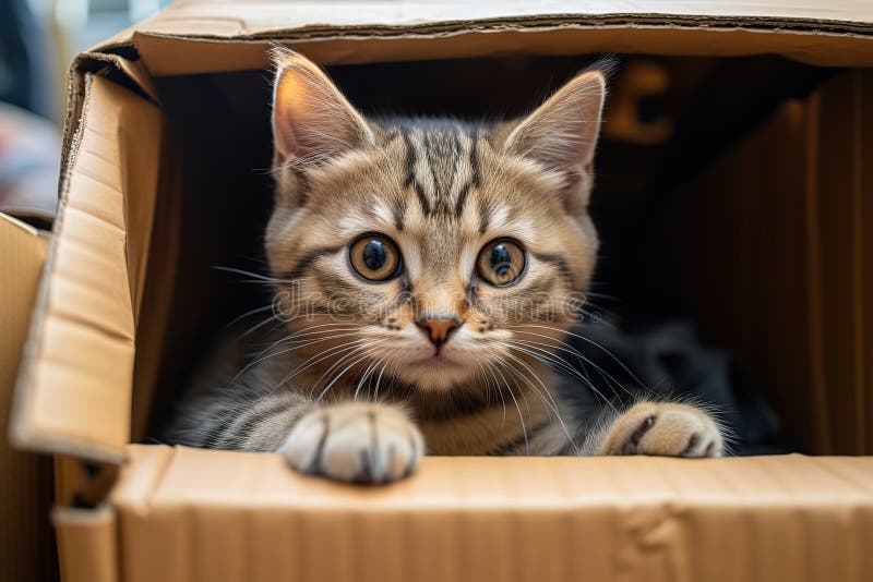 Portrait of a Cute Tabby Cat in a Cardboard Box Stock Illustration ...