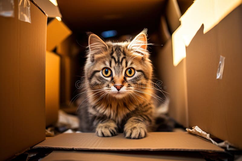 Portrait of a Cute Tabby Cat Playing in a Cardboard Box Stock ...