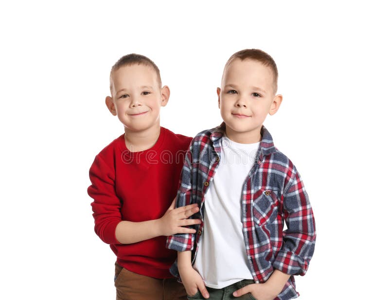 Portrait of Cute Twin Brothers on White Stock Photo - Image of innocent ...