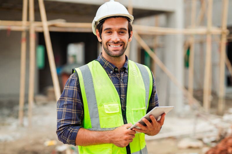 Portrait of Cvil Engineer with Safety Uniform Working at Construction ...