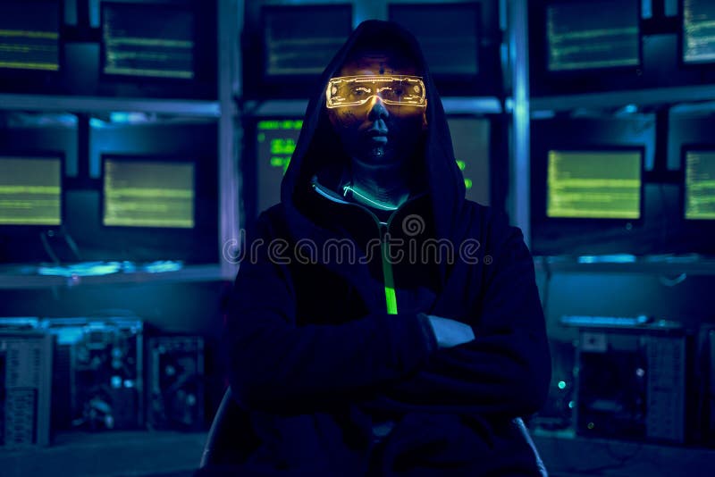 Portrait Of A Cyber Hacker Stealing Information Using A Computer Stock Image Image Of